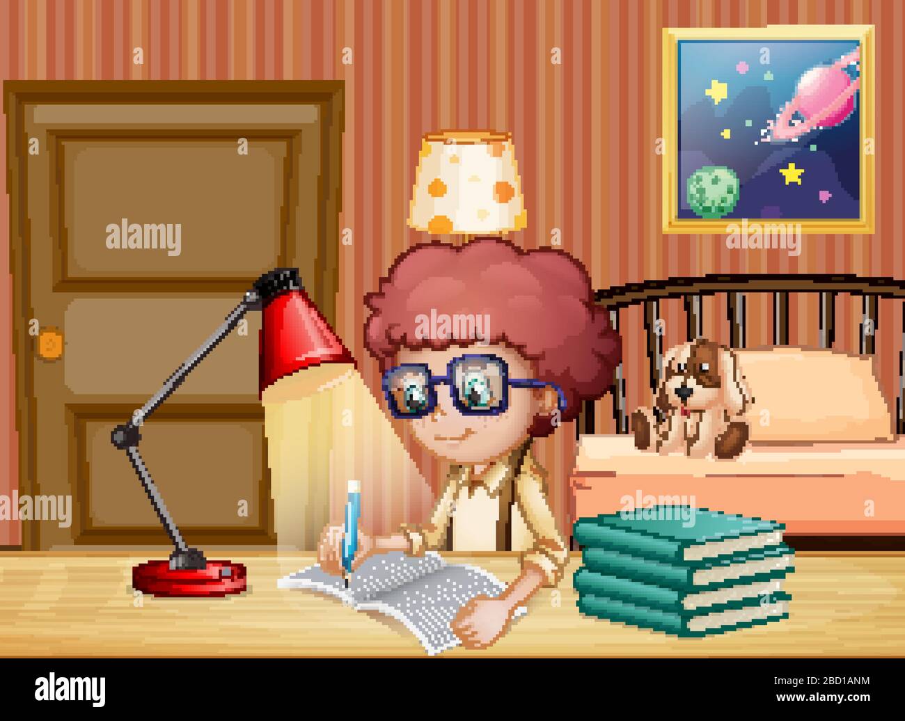 Scene with boy working on homework in bedroom illustration Stock Vector ...