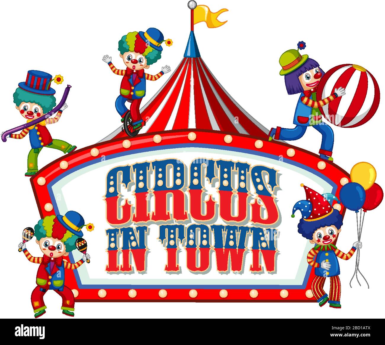 Font design for word circus in town with many clown in circus ...