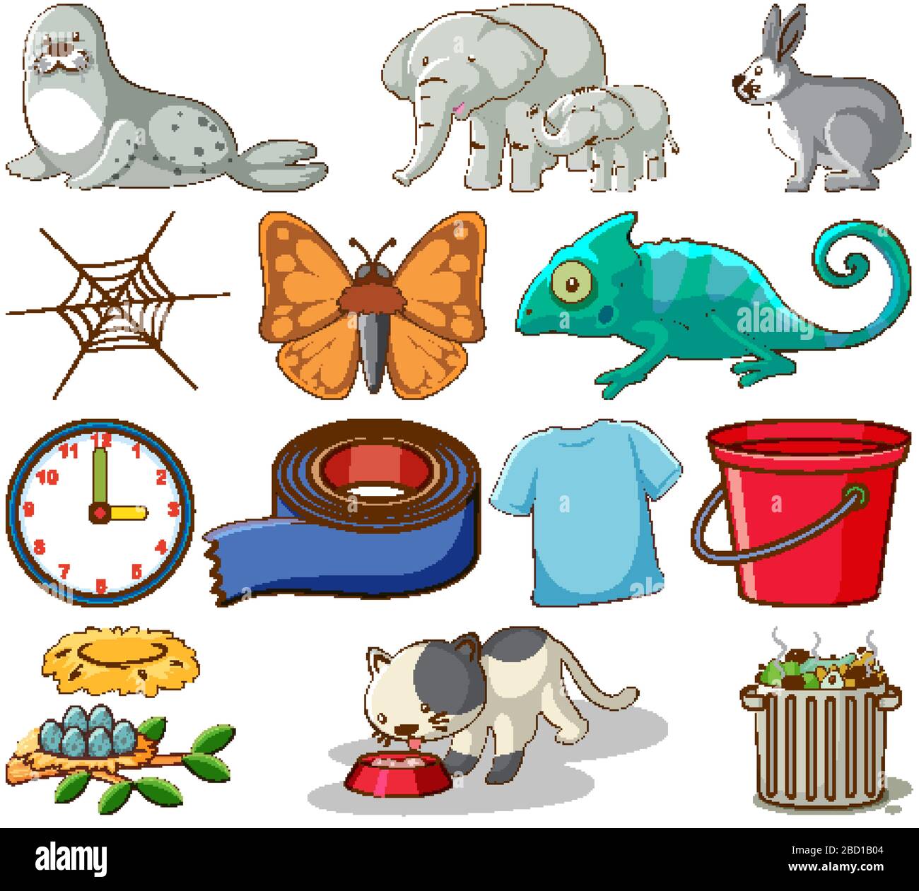 Set of different animals and other home items on white background ...