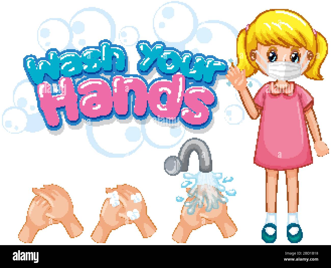 Wash your hands poster design with girl wearing mask illustration Stock ...