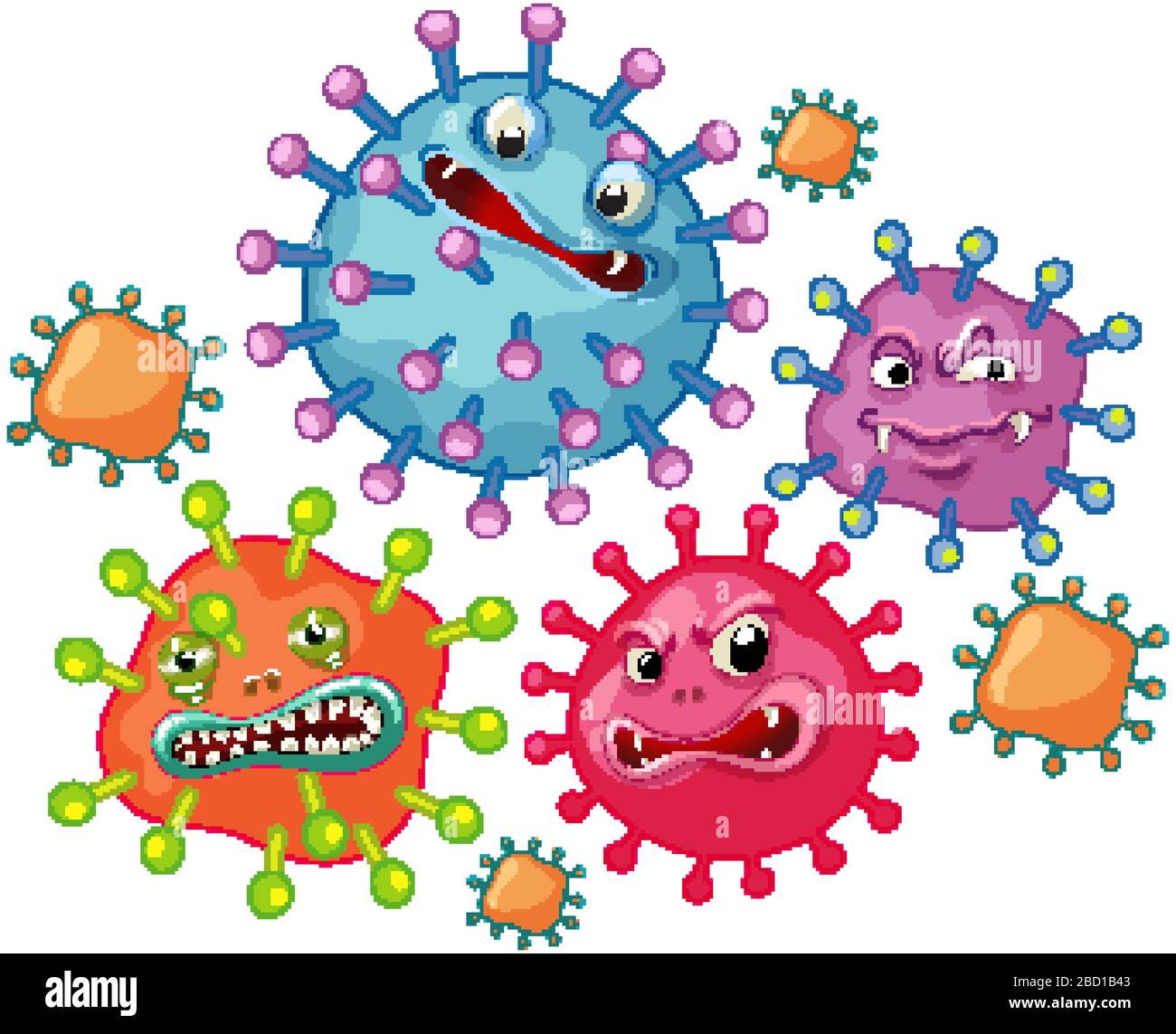 Many virus cells with scary face on white background illustration Stock ...
