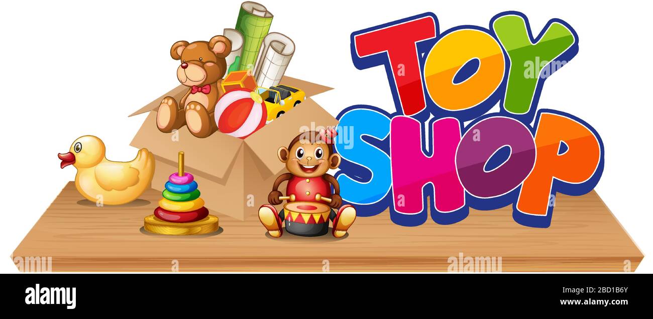 Font design for word toy shop with many toys on white background ...