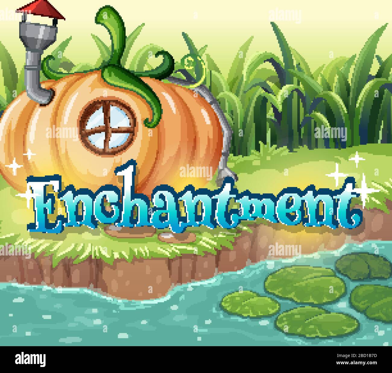 Font design for word enchantment with pumpkin house by the river ...