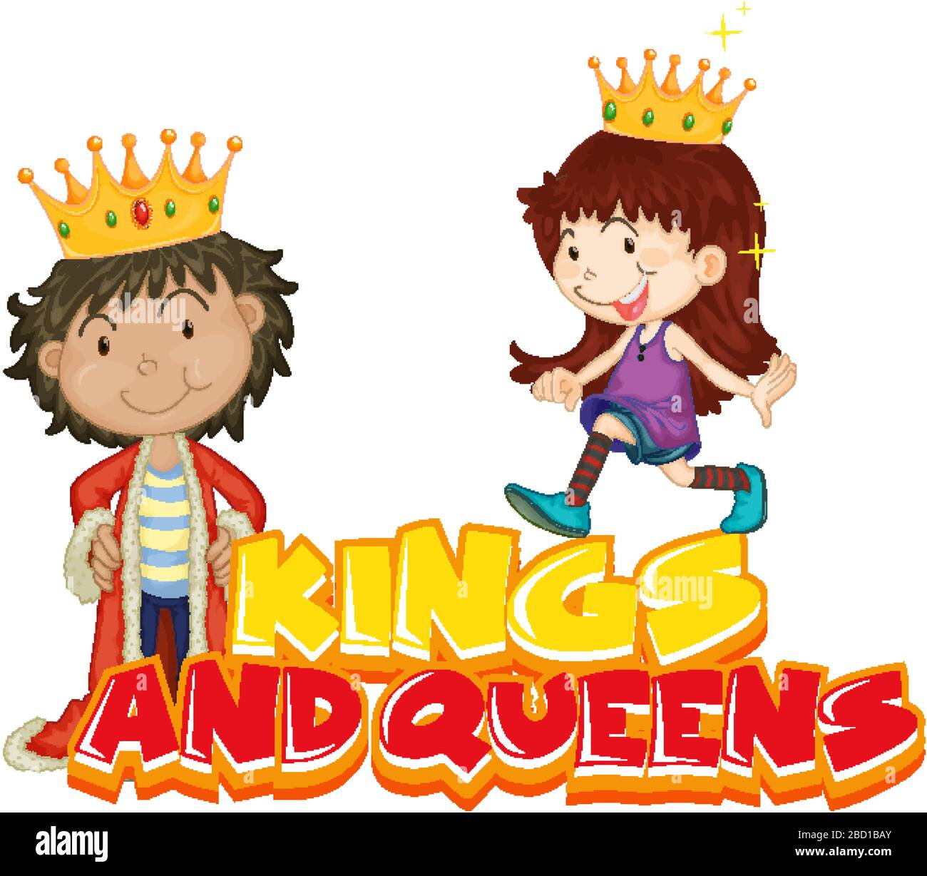 Font design for word kings and queens with kids in costumes ...