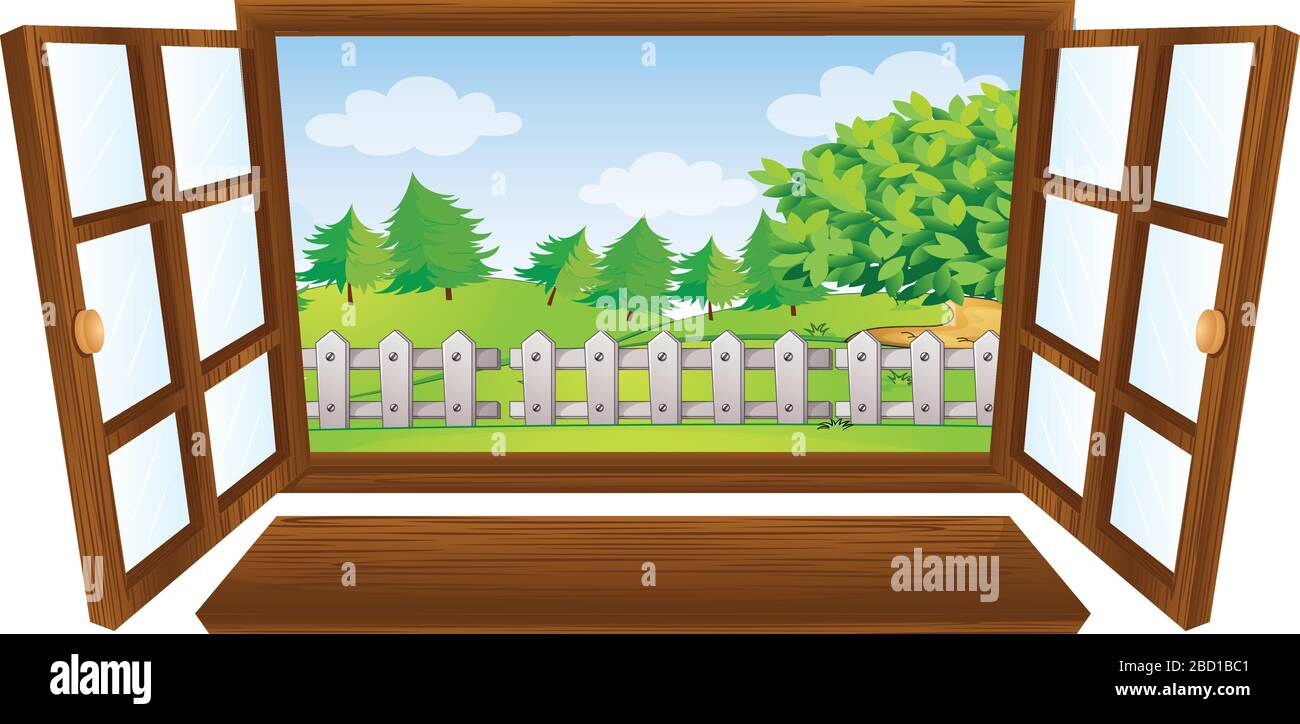 Window scene with green grass and field illustration Stock Vector Image ...