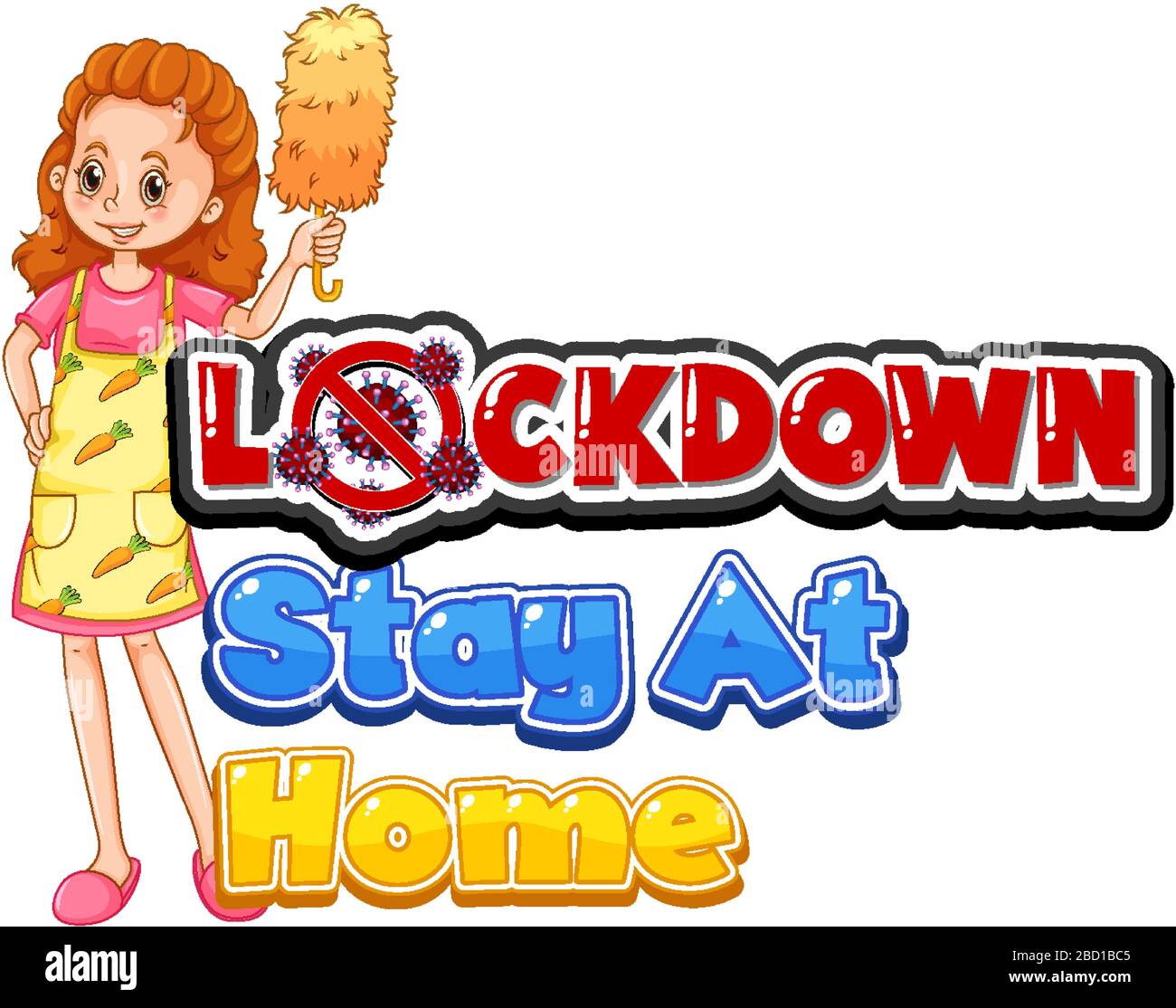 Font design for word lockdown stay at home with girl doing chore ...