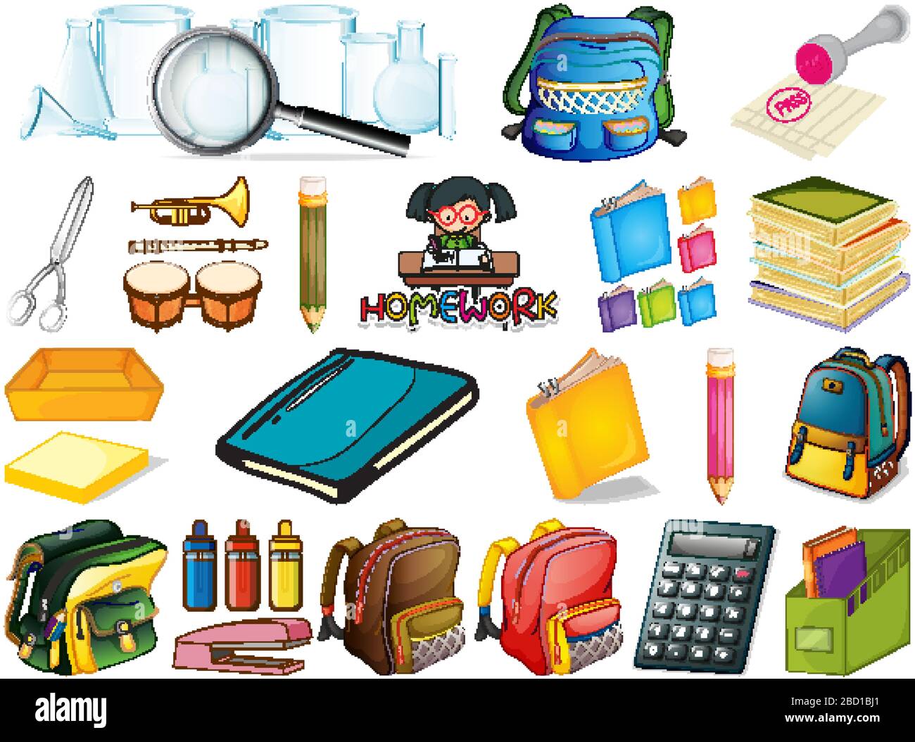 Large set of school items on white background illustration Stock Vector ...