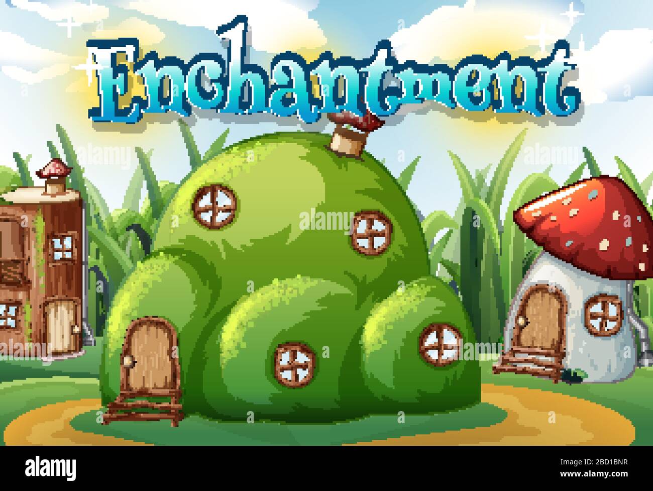 Font design for word enchantment with houses in the park illustration ...