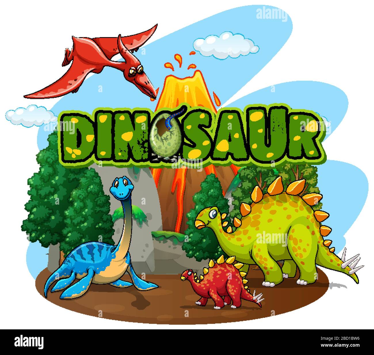 Font design for word dinosaur with many dinosaurs in the forest ...