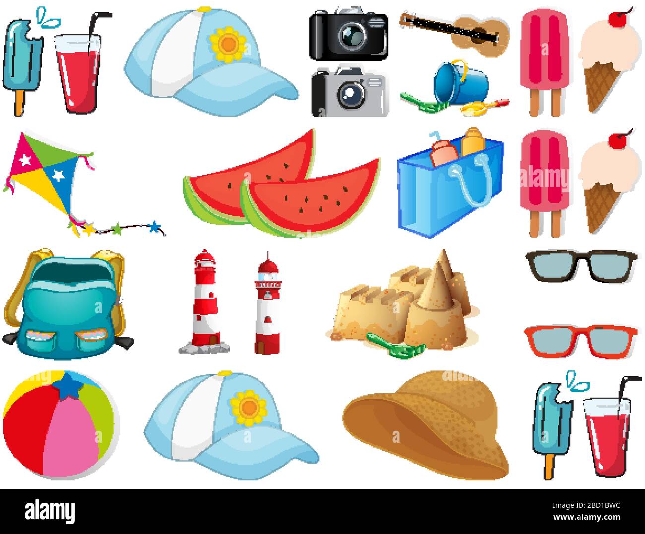 Large set of different summer objects on white background illustration ...