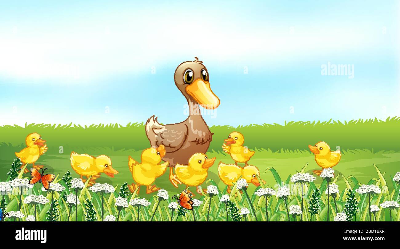 Nature scene background with ducklings in the field illustration Stock ...