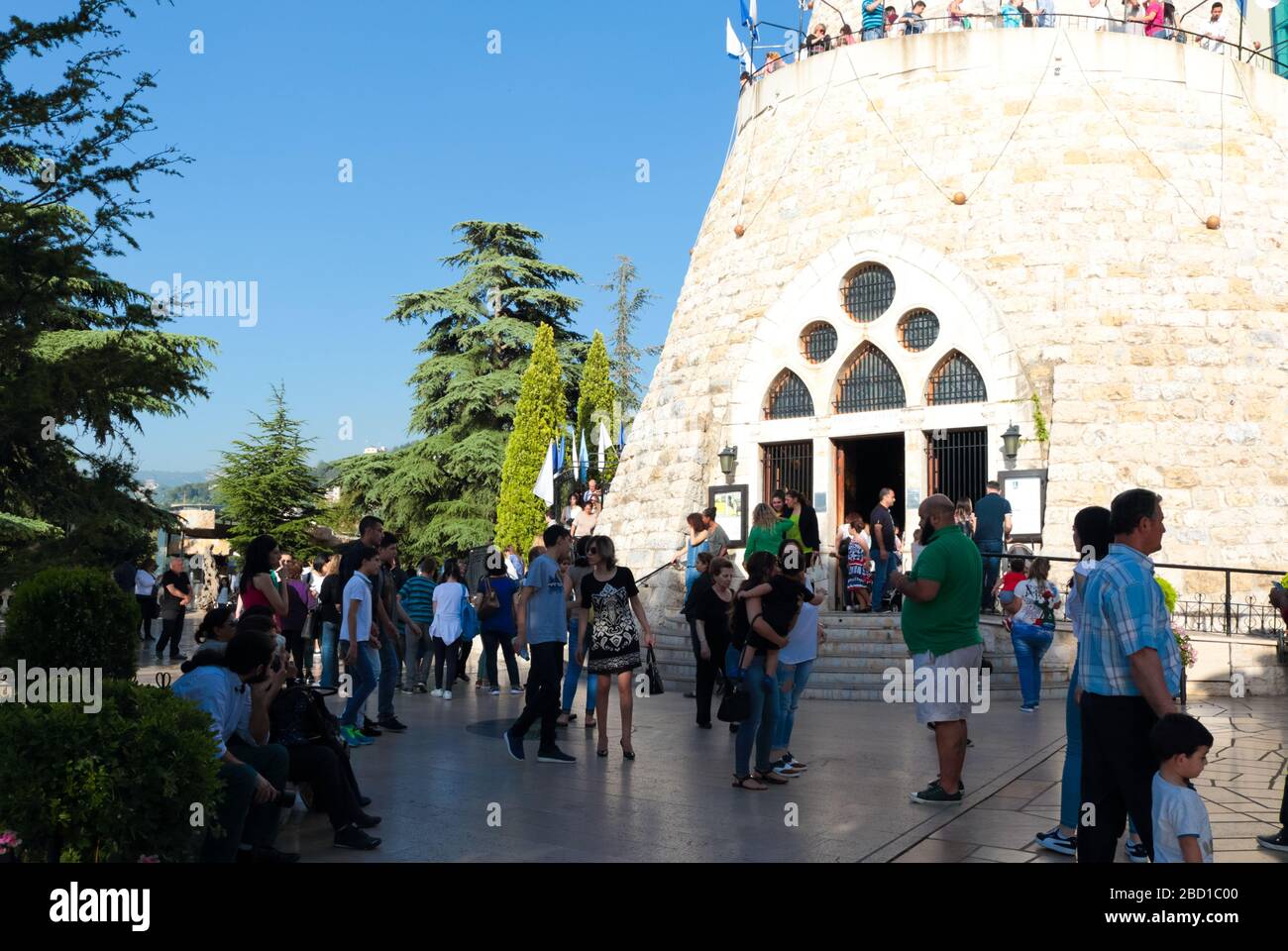 Jounieh, Lebanon - May 13, 2017: People in the premises of the Harissa ...