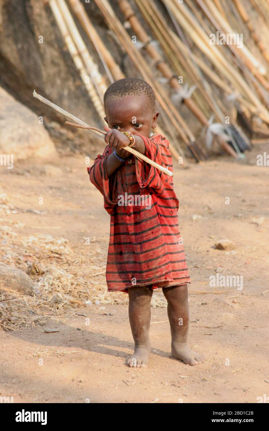 Africa, Tanzania, Lake Eyasi, young male Hadza child. Hadza, or Hadzabe ...