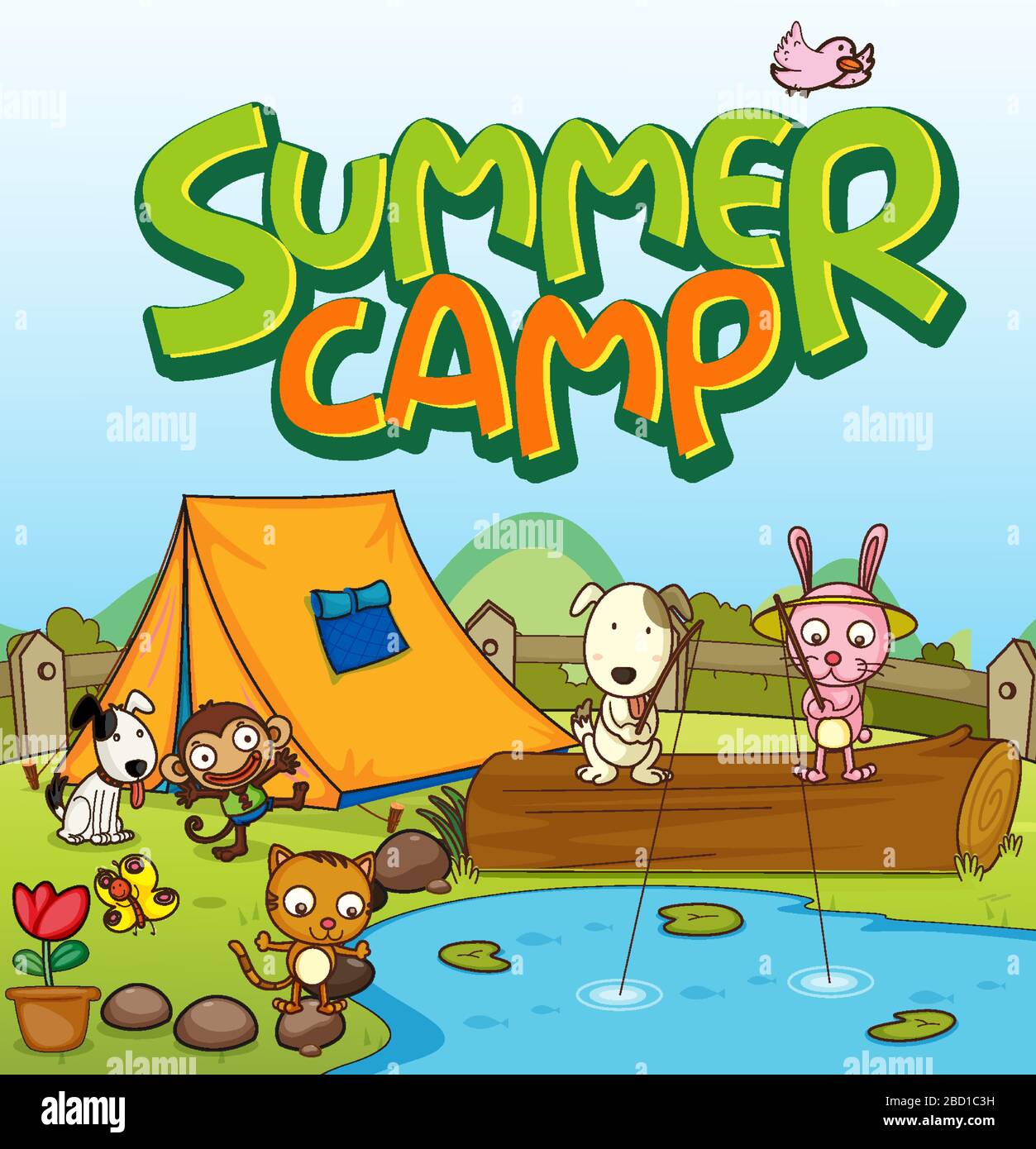 Scene background design for word summer camp with many animals by the ...