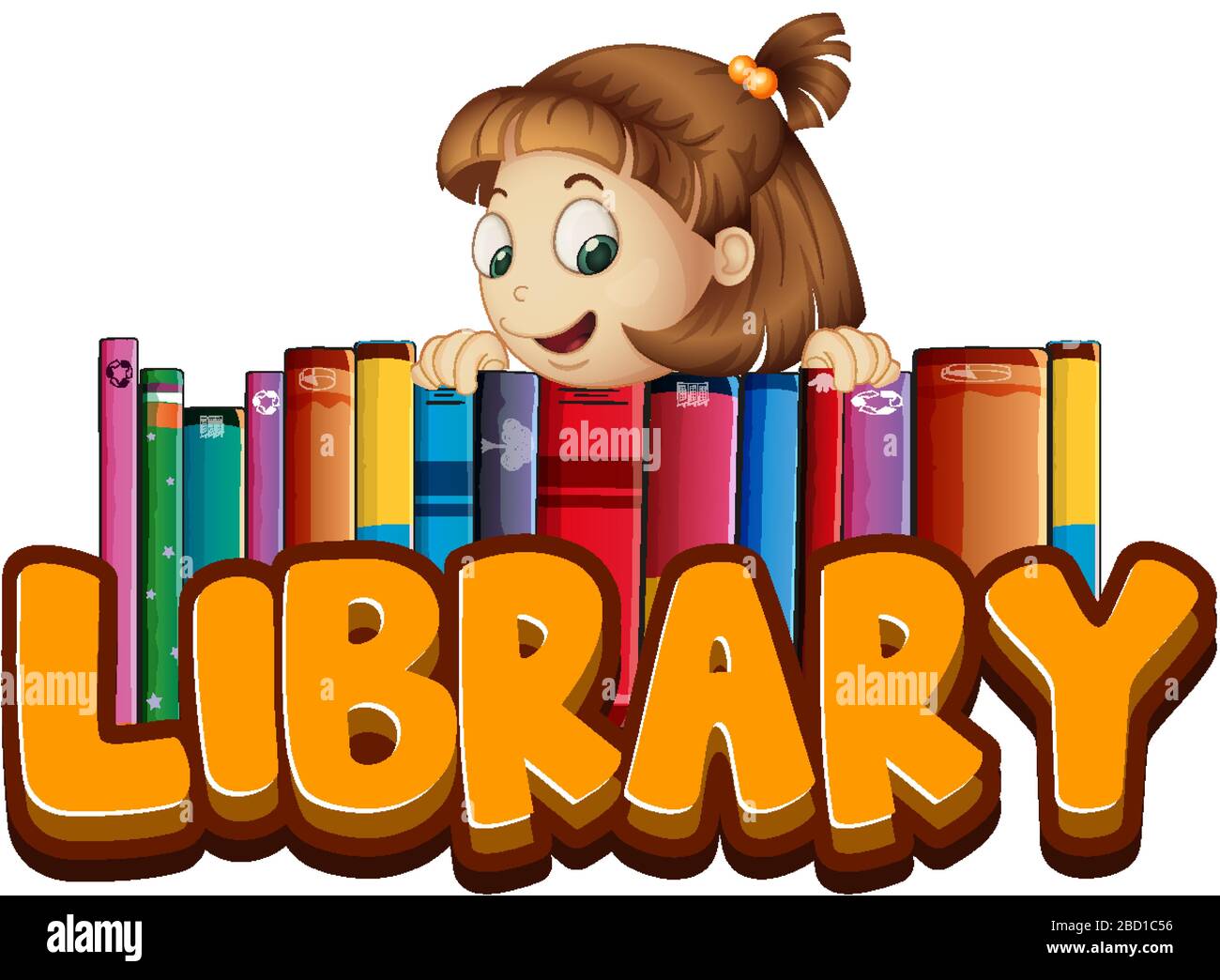 Font design for word library with happy girl and books illustration ...