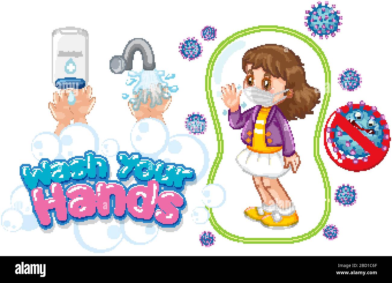 Wash your hands poster design with girl wearing mask illustration Stock ...