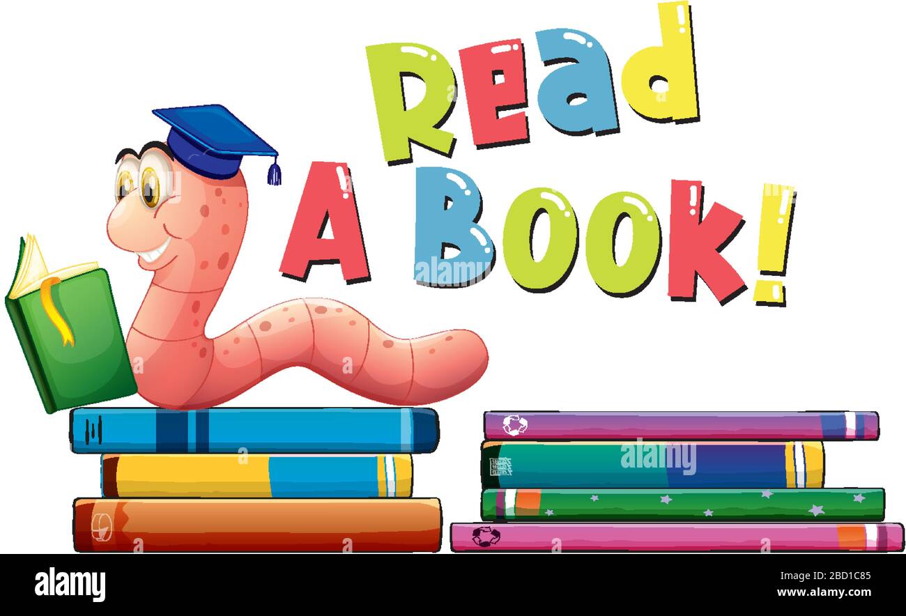 Font design for read a book with worm reading book illustration Stock ...