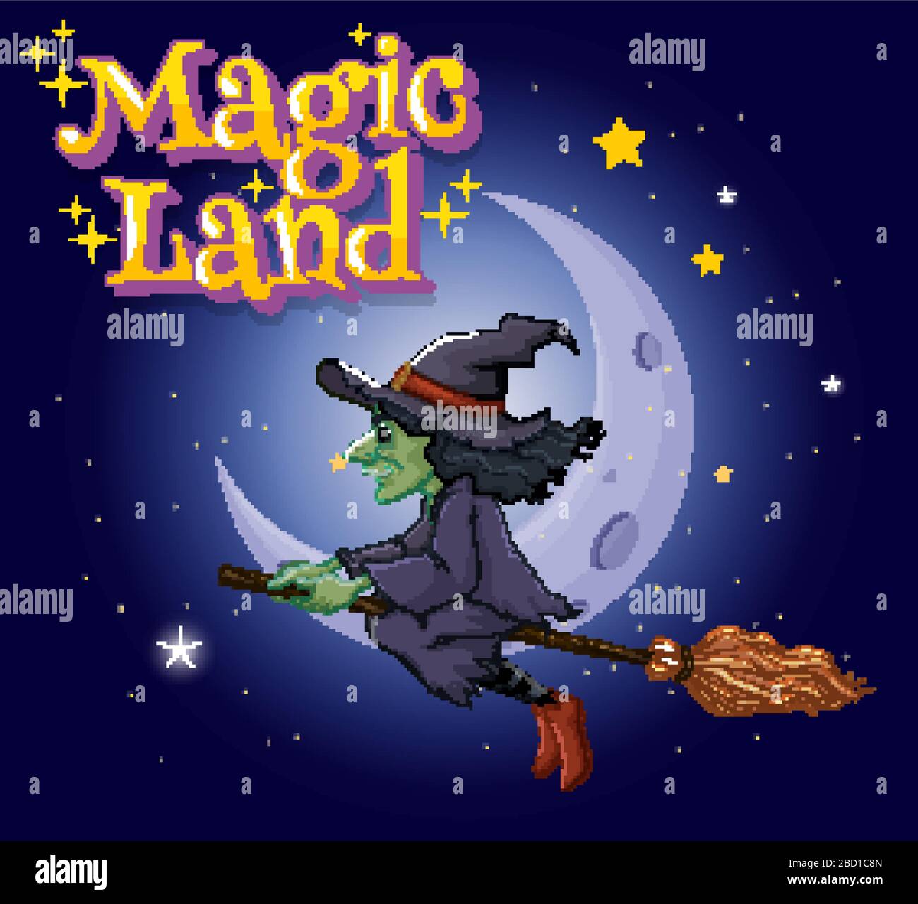 Font design for word magic land with witch flying at night illustration ...