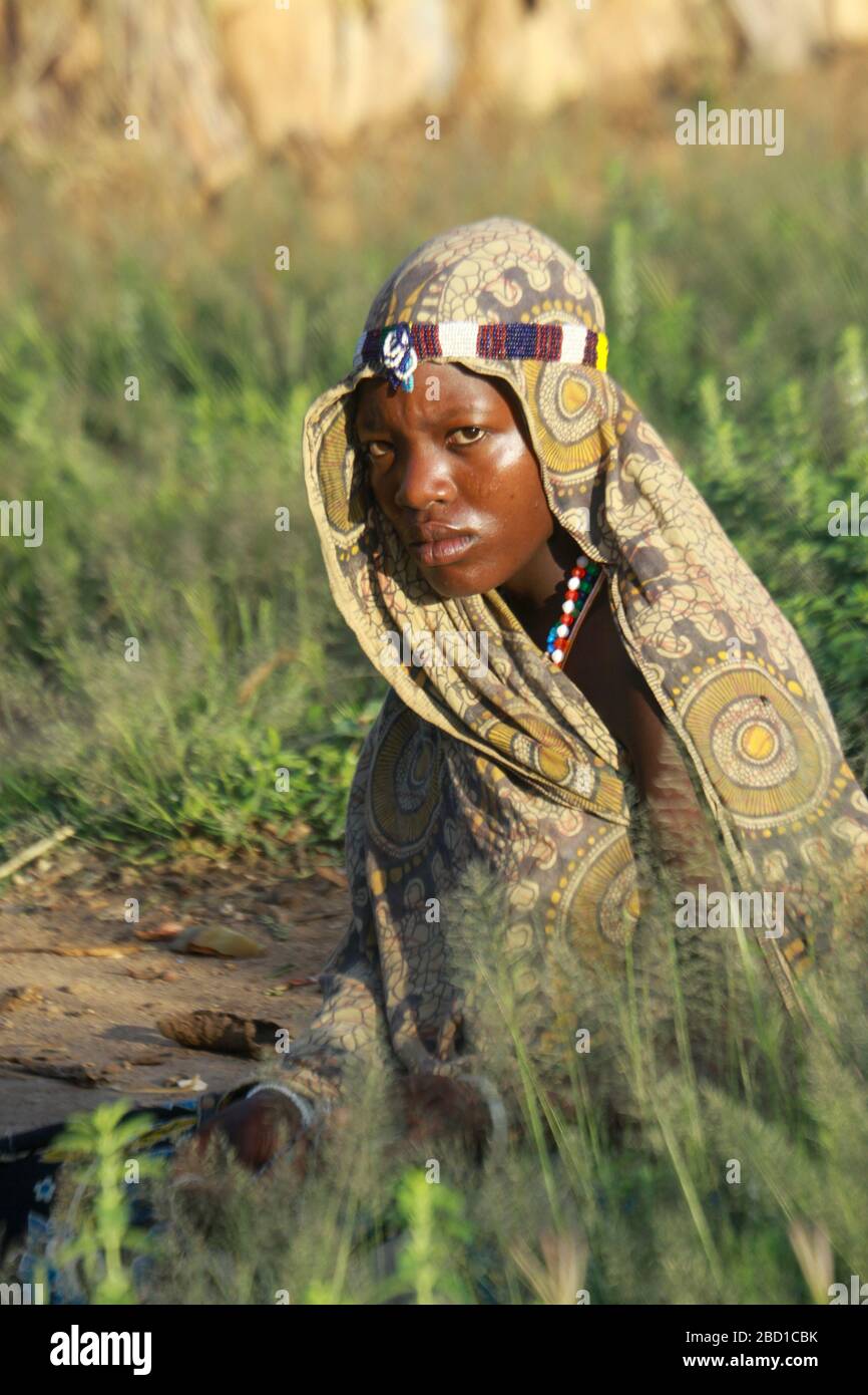 Africa, Tanzania, Lake Eyasi, young male Hadza child. Hadza, or Hadzabe ...