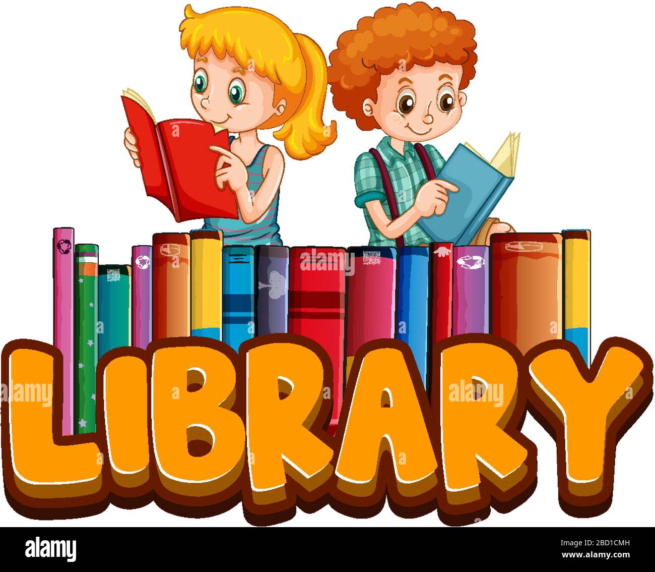 Font design for word library with kids reading books illustration Stock ...