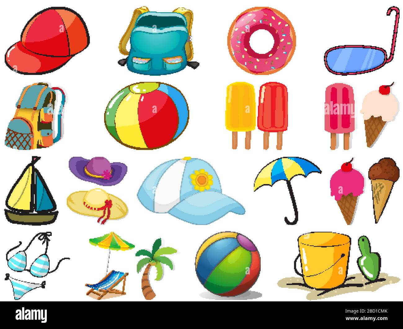 Large set of different summer objects on white background illustration ...
