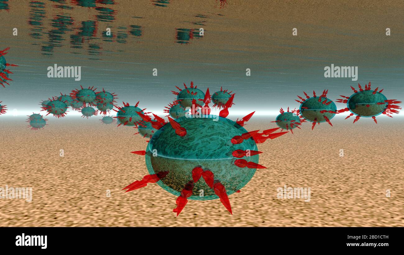 Viral particles floating into the distance; whimsical computer ...