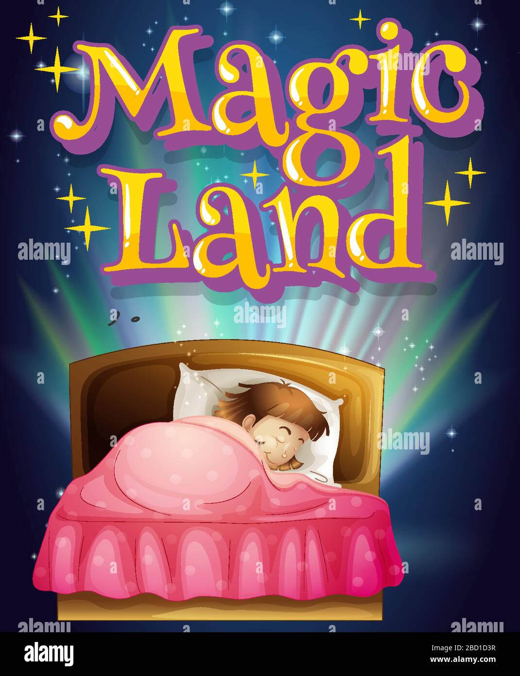 Font design for word magic land with girl dreaming in bed illustration ...
