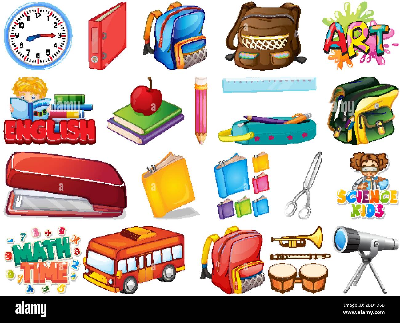 Large set of school items on white background illustration Stock Vector ...