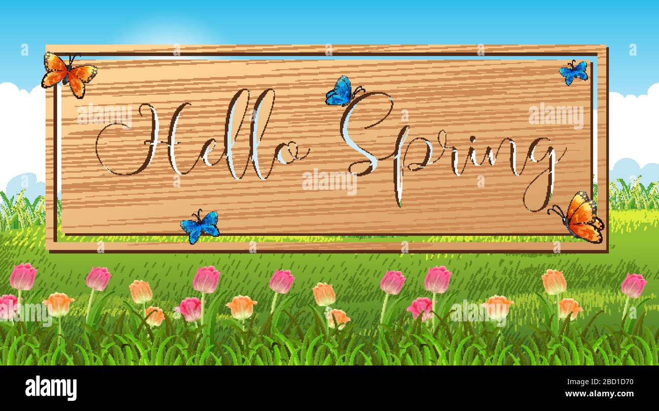 Nature scene background with hello spring sign in the park illustration ...