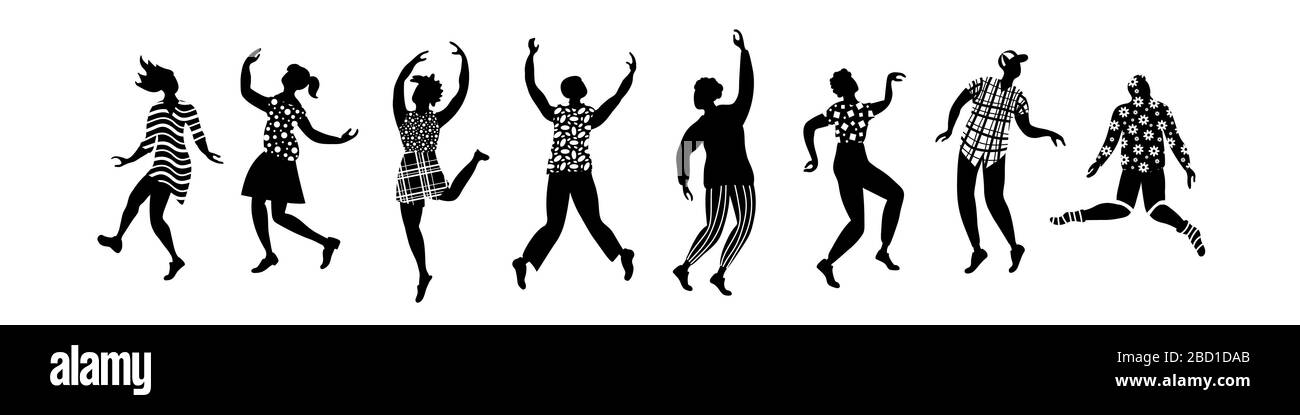 Group of dancing people silhouettes. Black figures on white background ...