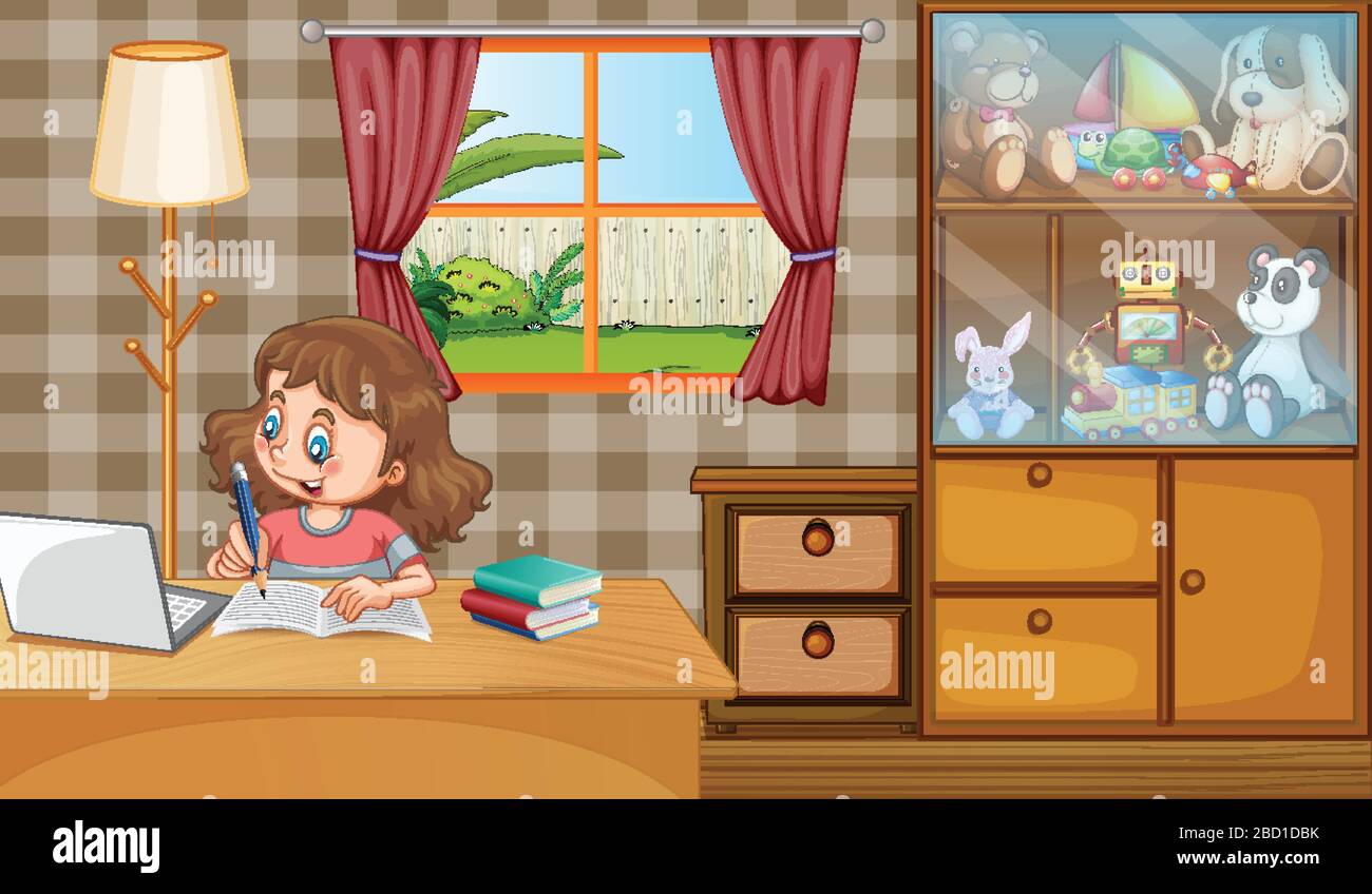 Scene with girl working on homework at home illustration Stock Vector ...