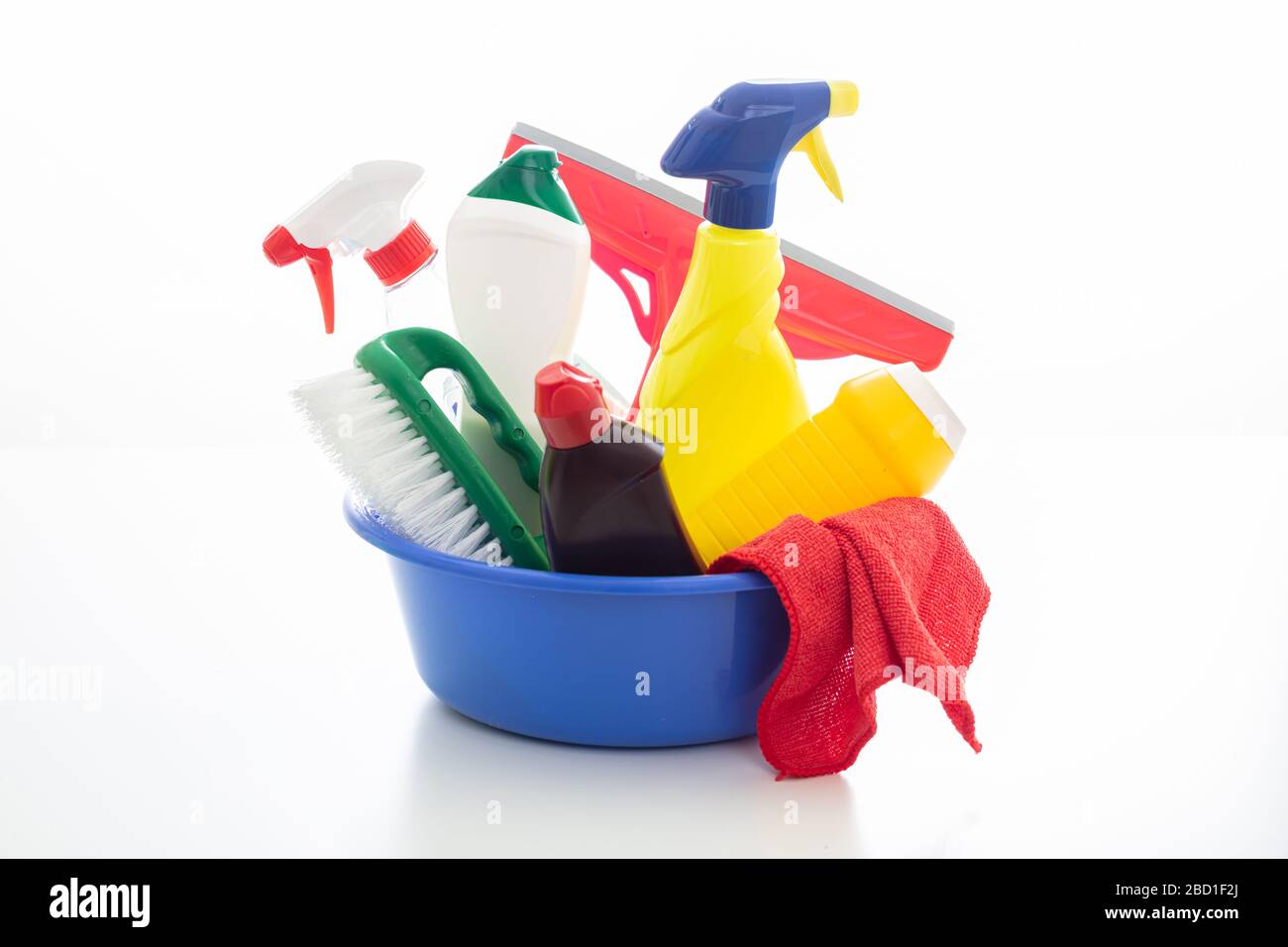 Cleaning products isolated against white background. Plastic chemical ...