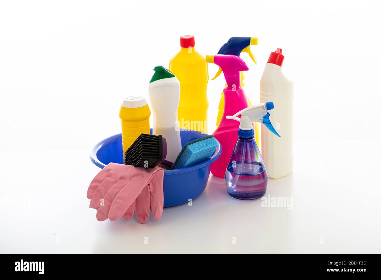 Cleaning products isolated against white background. Plastic chemical ...