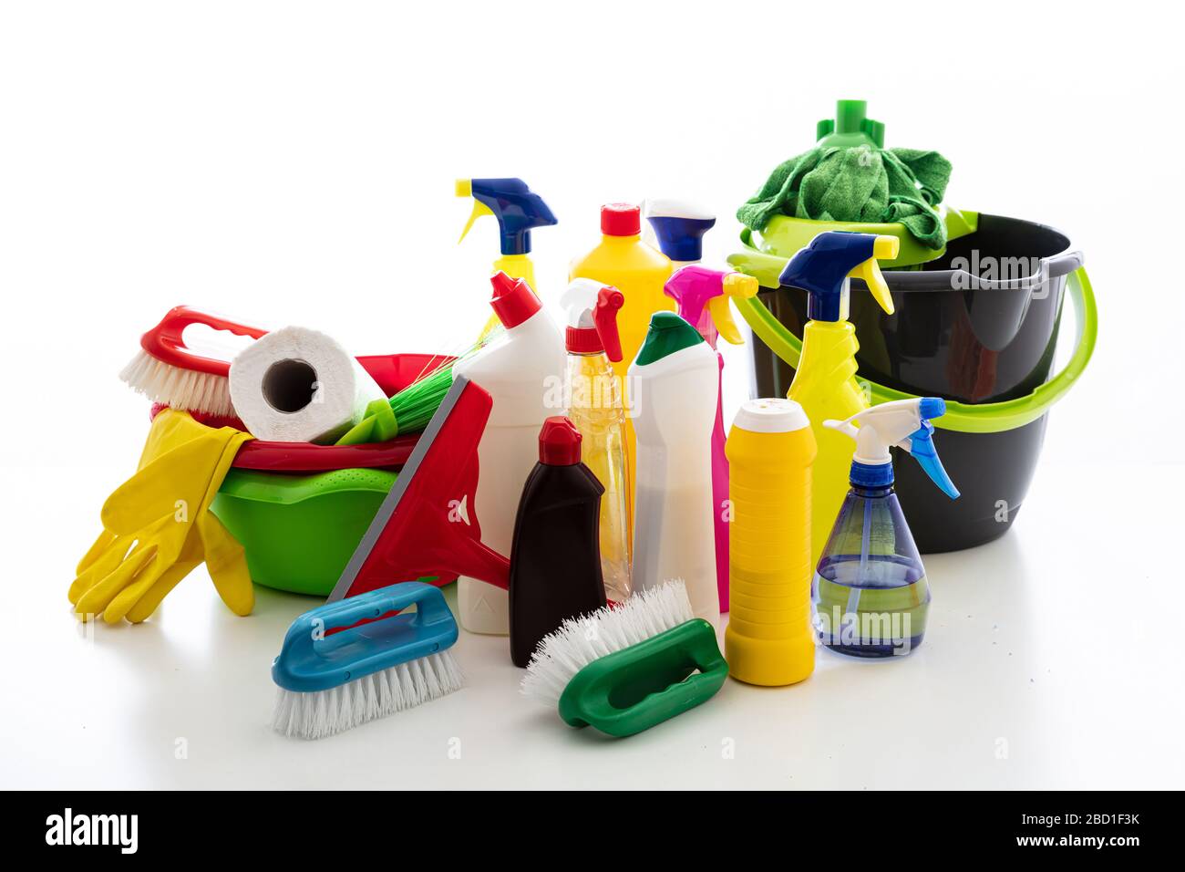 Cleaning products isolated against white background. Plastic chemical ...