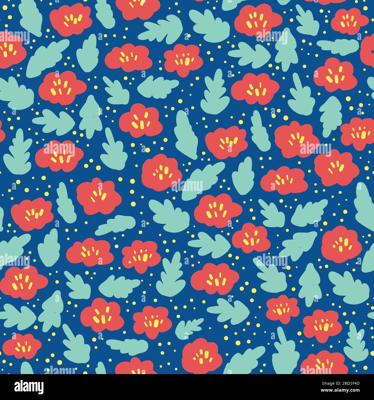 Ditsy Flower pattern seamless vector background. Red and teal green ...