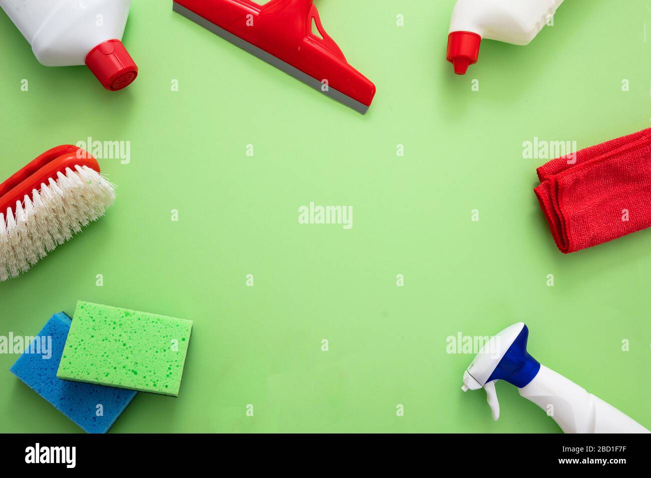 Household cleaning background. Cleaning products flat lay, chemical ...