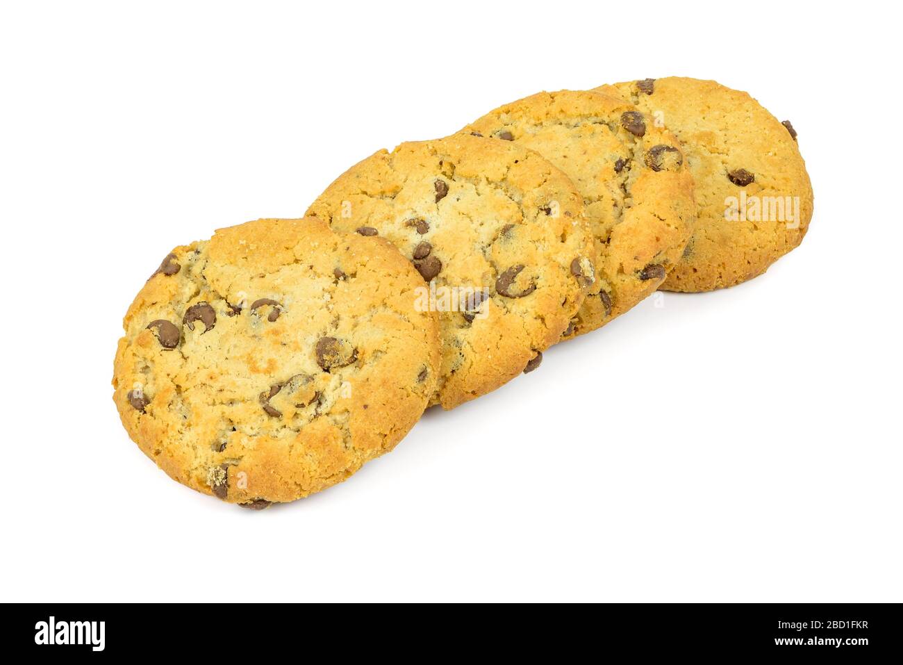 Chocolate chips cookies in a row isolated on white background with ...