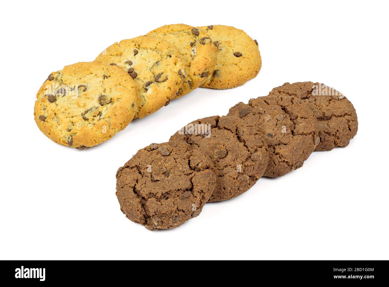 Different chocolate chips cookies in a rows isolated on white ...