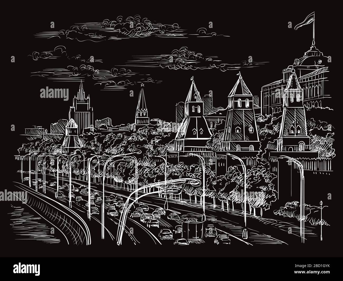 Vector monochrome sketch hand drawing illustration of Kremlin in Moscow ...