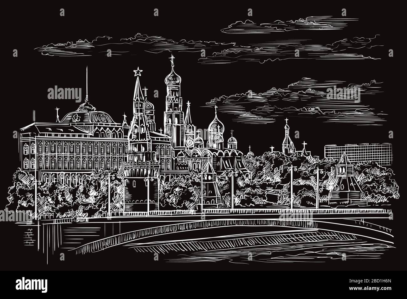Vector monochrome sketch hand drawing illustration of Kremlin in Moscow ...