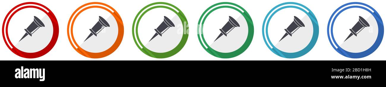 Pin icon set, flat design vector illustration in 6 colors options for ...