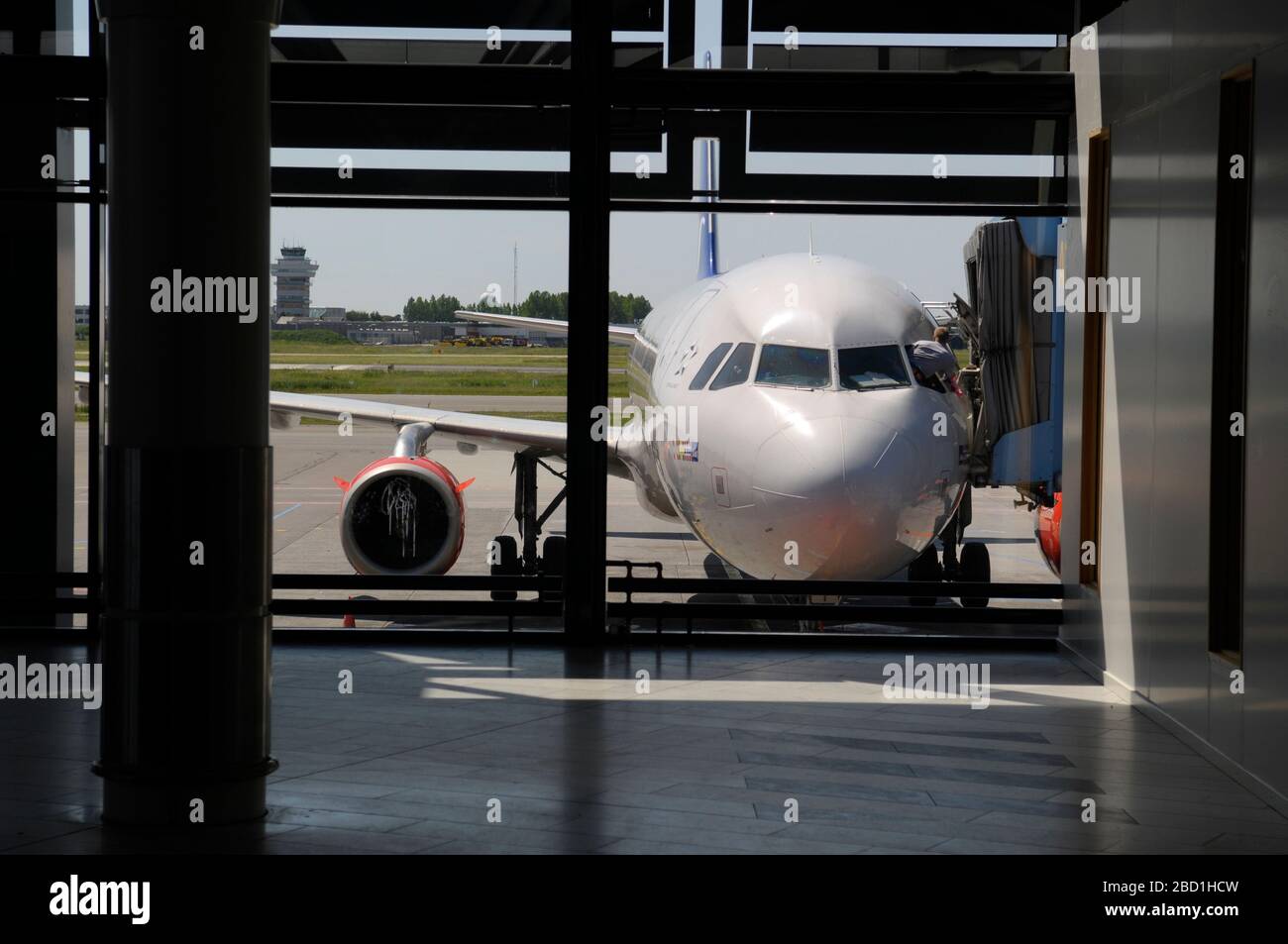 The plane on the aerport during the position of departure ramp Stock ...