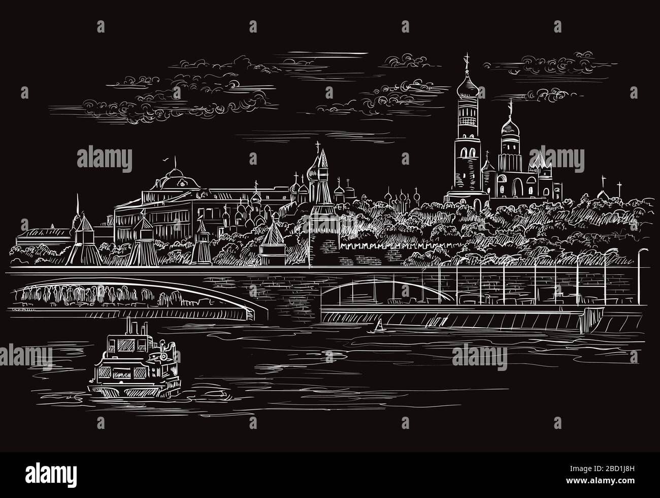 Vector monochrome sketch hand drawing illustration of Kremlin and ...