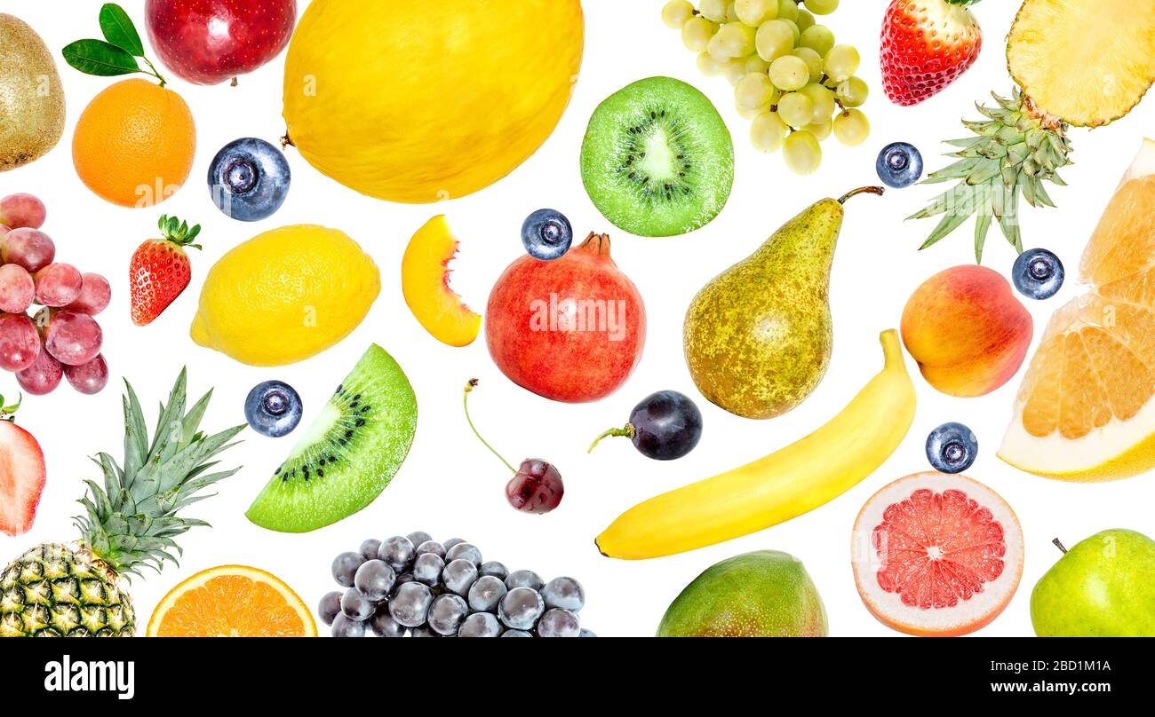 Creative photo of many different exotic tropical bright fruits isolated ...