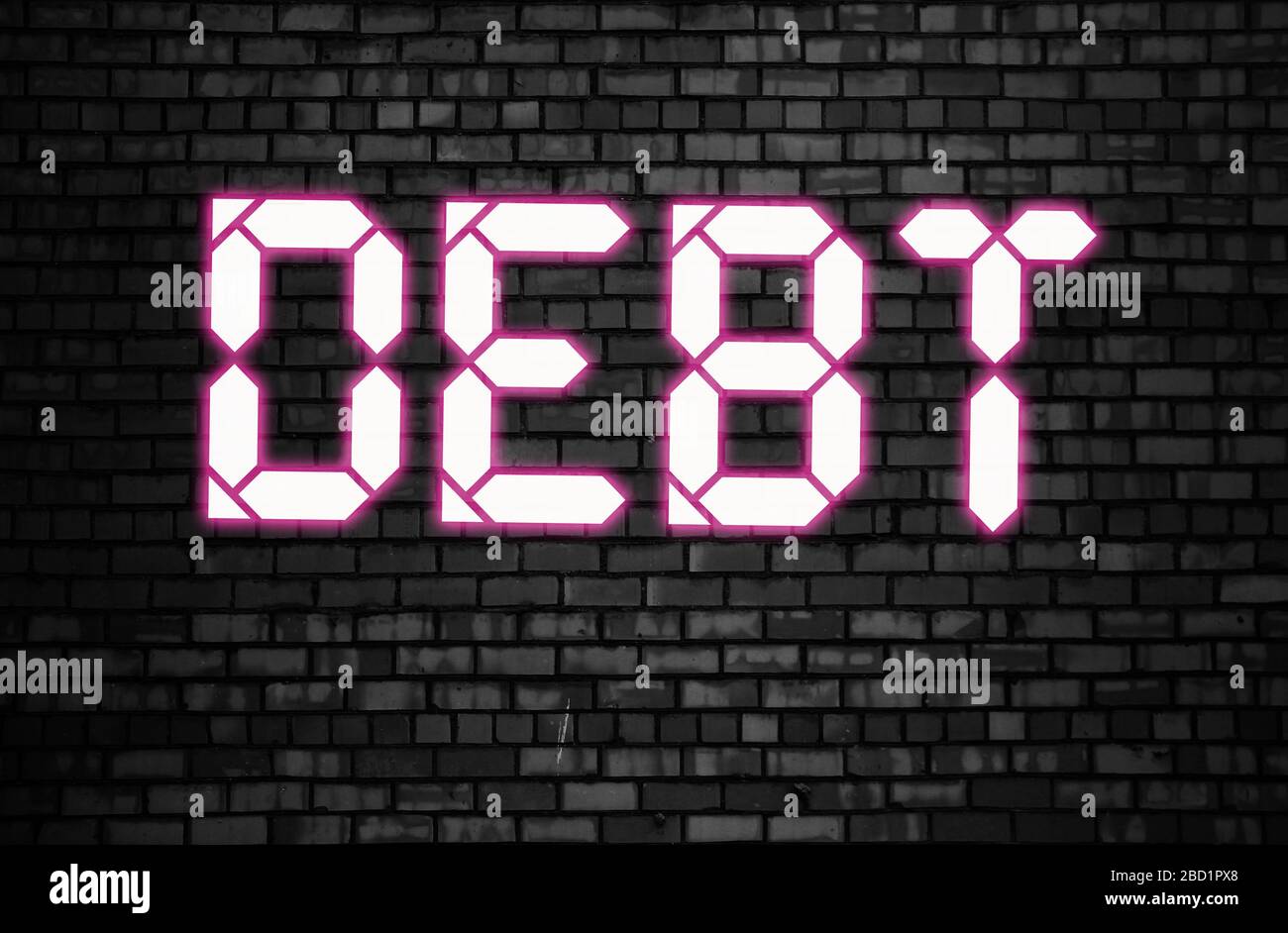 Debt pink neon word on black brick wall. Financial agreement credit ...