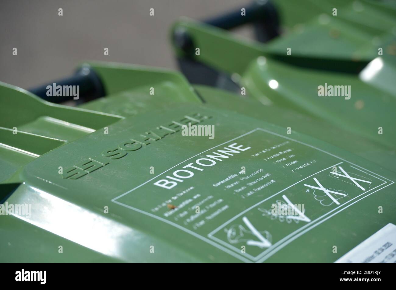 01 April 2020, Saxony, Belgershain: Biowaste bins in the district of ...