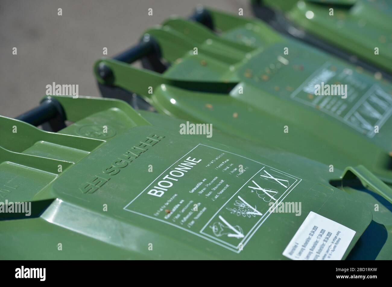01 April 2020, Saxony, Belgershain: Biowaste bins in the district of ...