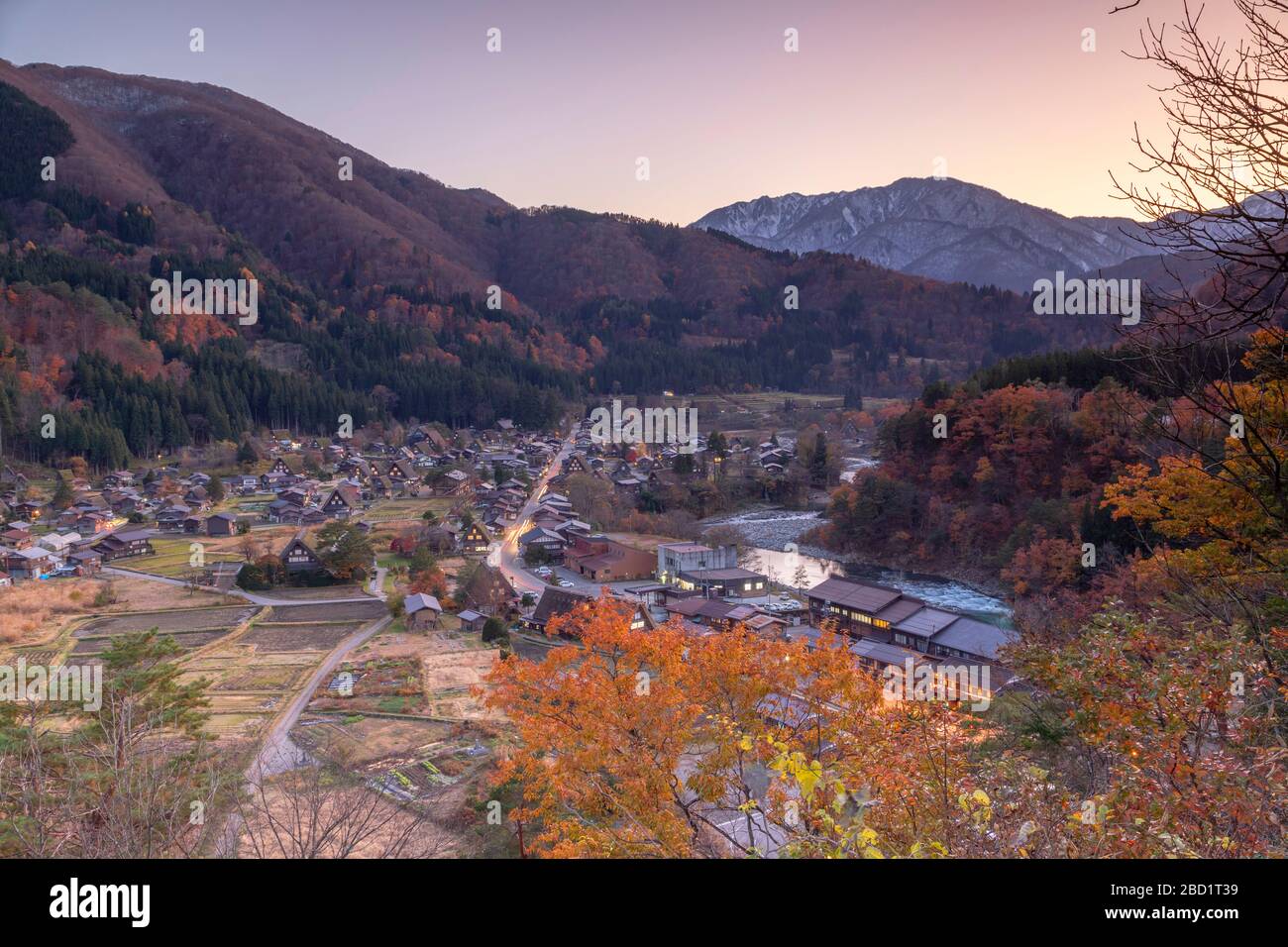 Elevated view of Ogimachi, UNESCO World Heritage Site, at dusk ...