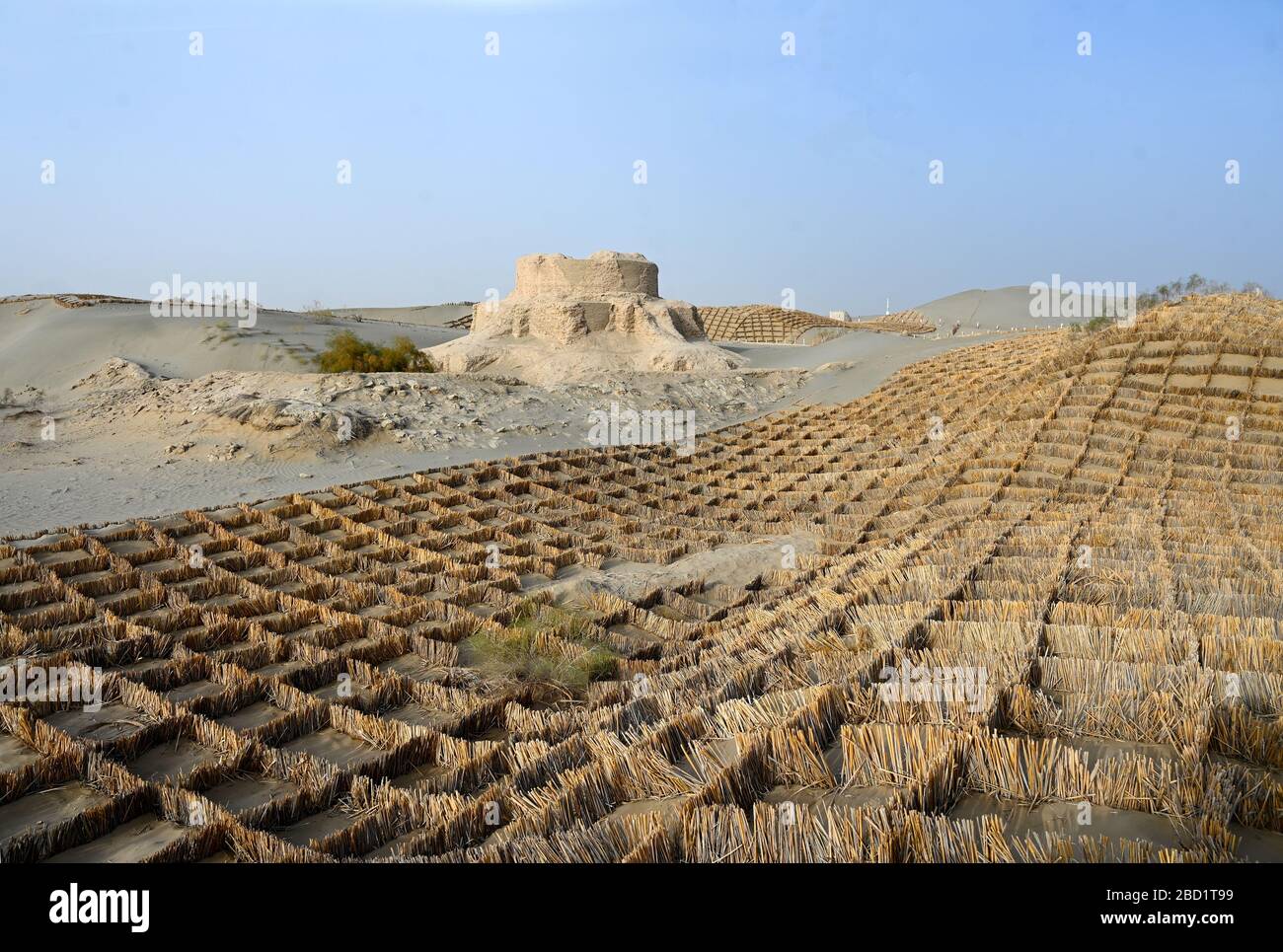 Straw sand control barriers around the 4th century Rawak Buddhist stupa ...