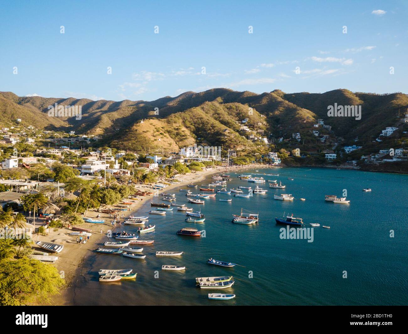 Aerial by drone of Taganga, Magdalena Department, Caribbean, Colombia ...
